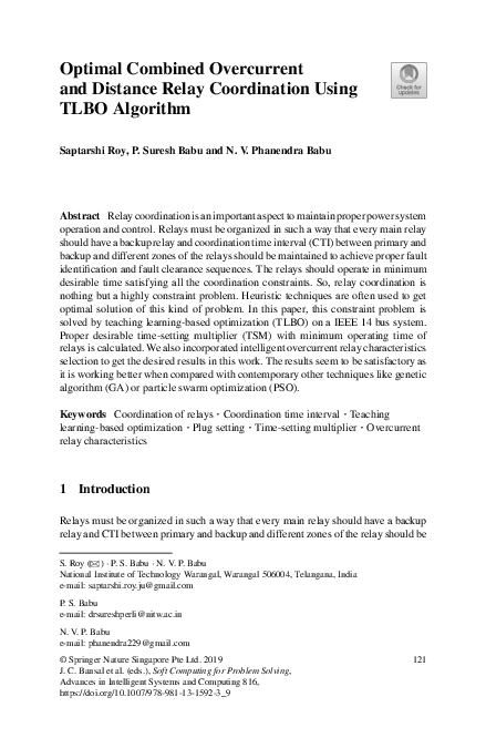Pdf Optimal Combined Overcurrent And Distance Relay Coordination Using Tlbo Algorithm