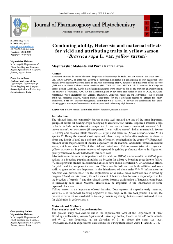 (PDF) Combining ability, Heterosis and maternal effects for yield and attributing traits in ...