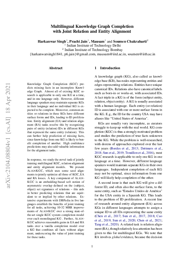 (PDF) Multilingual Knowledge Graph Completion with Joint Relation and Entity Alignment