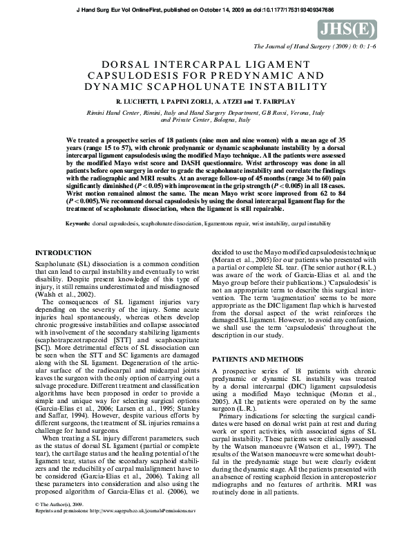 (PDF) Dorsal I Ntercarpal L Igament Capsulodesis F or P Redynamic a ND ...
