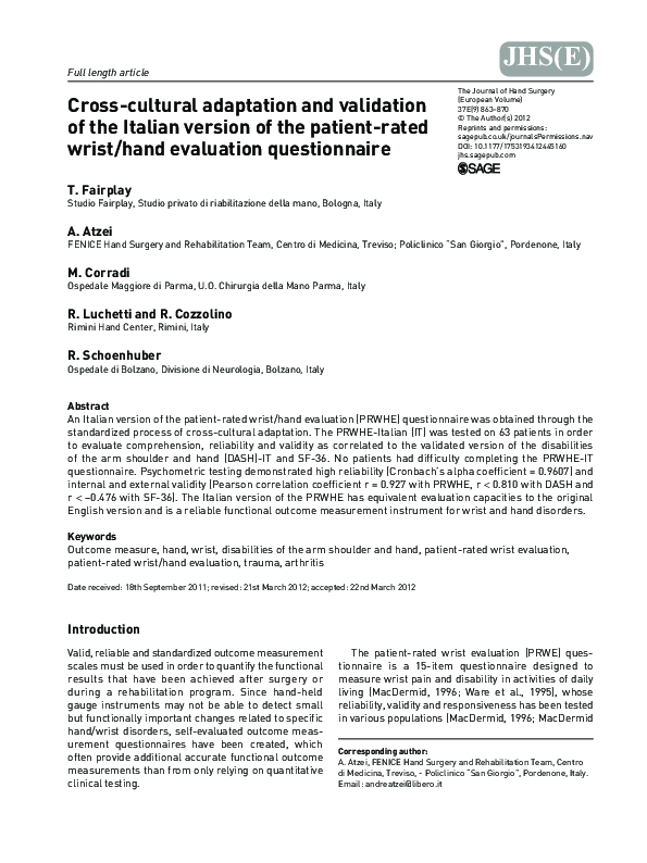 (PDF) Cross-cultural adaptation and validation of the Italian version of the patient-rated wrist ...