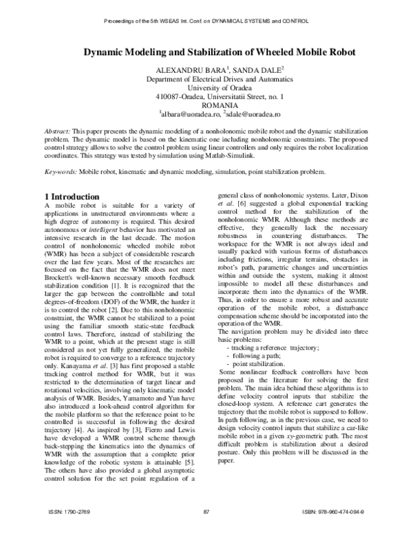 (PDF) Dynamic modeling and stabilization of wheeled mobile robot