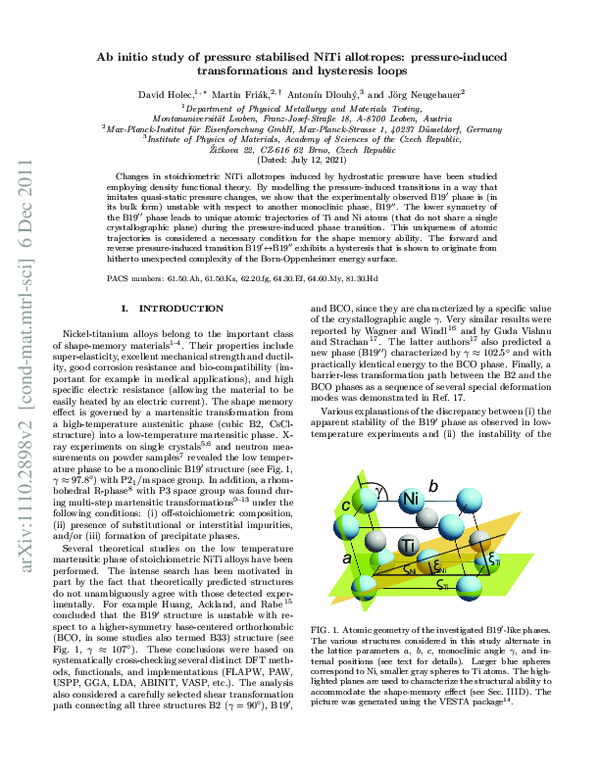 (PDF) Ab initio study of pressure stabilised NiTi allotropes: pressure-induced transformations ...
