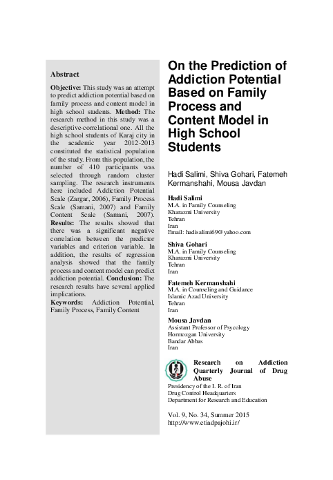 (PDF) On the Prediction of Addiction Potential Based on Family Process ...
