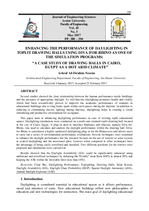 Pdf Enhancing The Performance Of Daylighting In Toplit Drawing Halls Using Diva For Rhino As