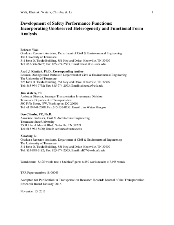 (PDF) Development of Safety Performance Functions: Incorporating Unobserved Heterogeneity and ...