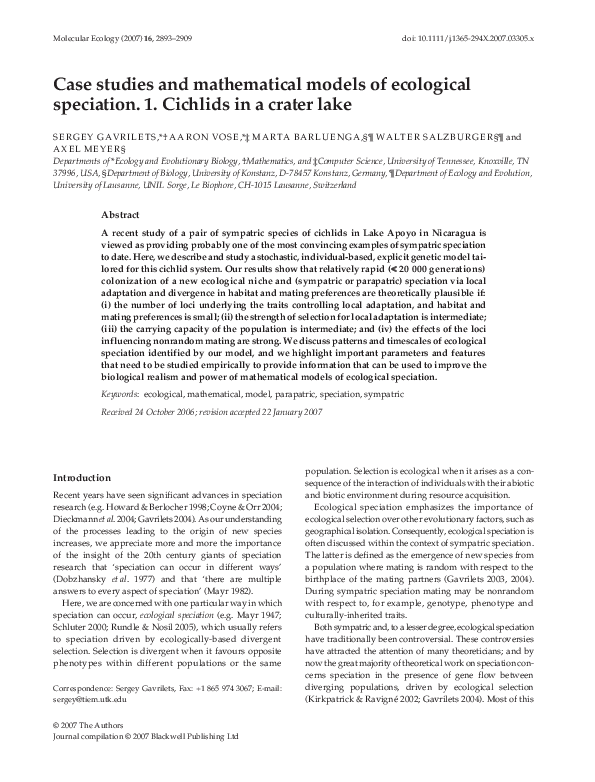 (PDF) Case studies and mathematical models of ecological speciation. 1 ...