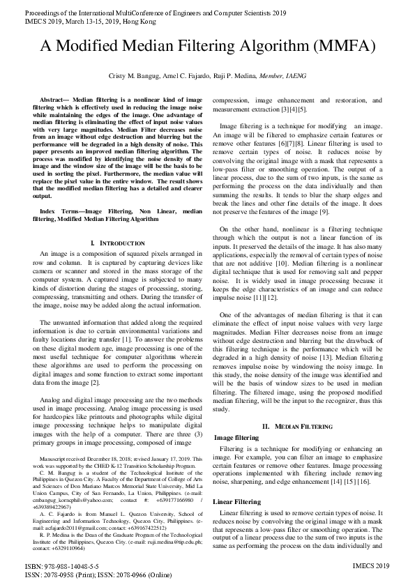 (PDF) A Modified Median Filtering Algorithm ( MMFA )