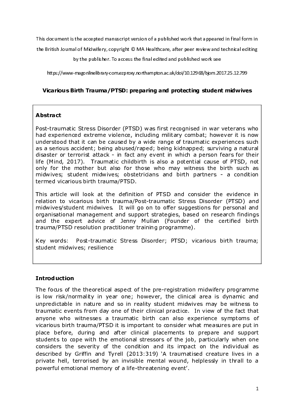 (PDF) Vicarious birth trauma/PTSD: preparing and protecting student ...