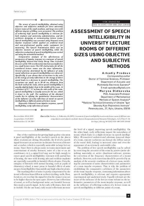 (PDF) Assessment of speech intelligibility in university lecture rooms of different sizes using ...