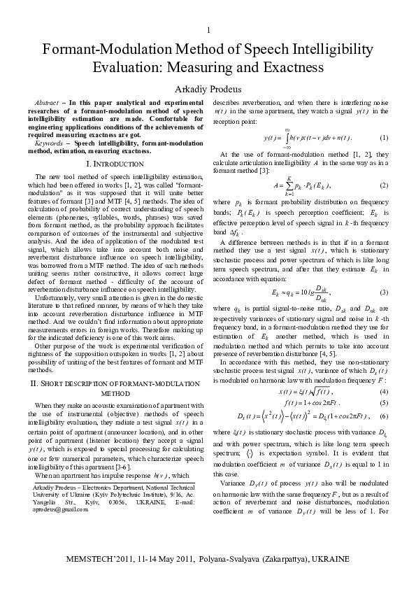 Pdf Formant Modulation Method Of Speech Intelligibility Evaluation
