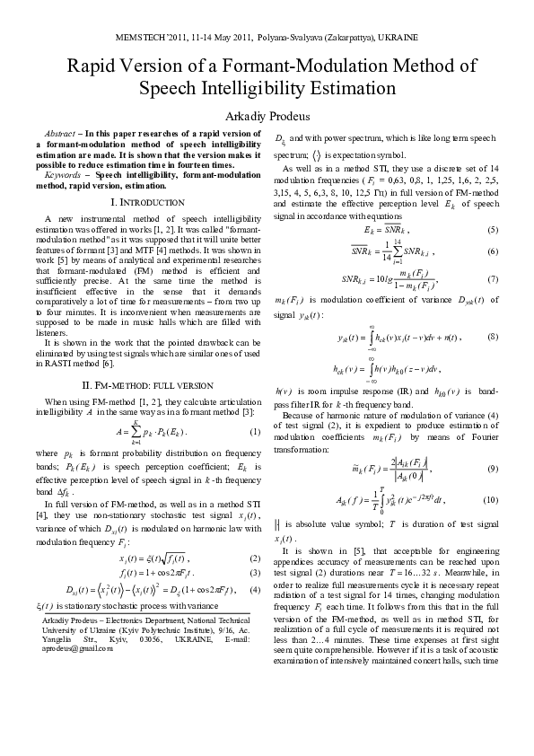 Pdf Rapid Version Of A Formant Modulation Method Of Speech