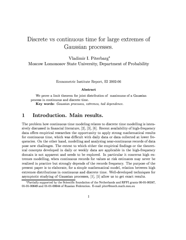 (PDF) Discrete vs continuous time for large extremes of Gaussian processes | Vladimir Piterbarg ...