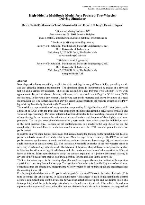 (PDF) High-Fidelity Multibody Model for a Powered-Two-Wheeler Driving ...