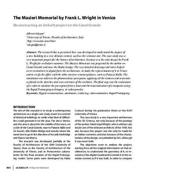 (PDF) The Masieri Memorial by Frank L. Wright in Venice: Reconstructing ...