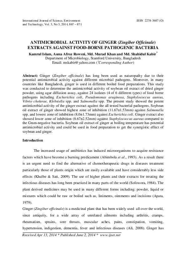 (PDF) ANTIMICROBIAL ACTIVITY OF GINGER (Zingiber Officinale) EXTRACTS AGAINST FOOD-BORNE ...