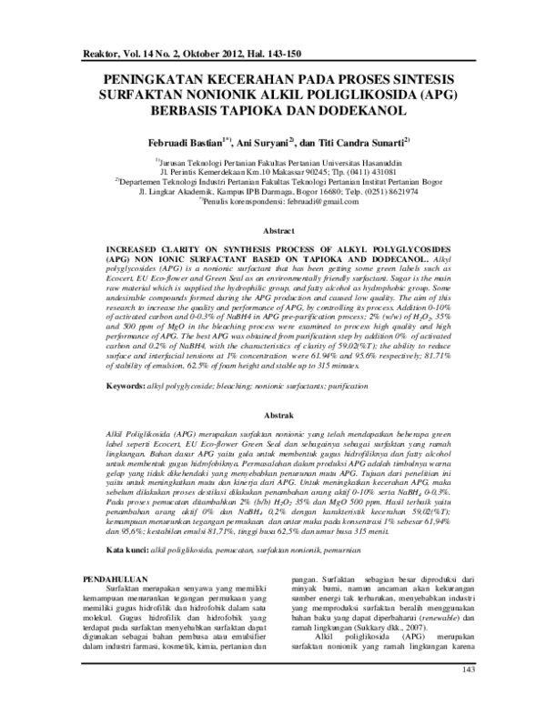 (PDF) INCREASED CLARITY ON SYNTHESIS PROCESS OF ALKYL POLYGLYCOSIDES ...