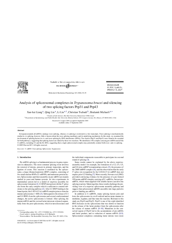 (PDF) Analysis of spliceosomal complexes in Trypanosoma brucei and ...