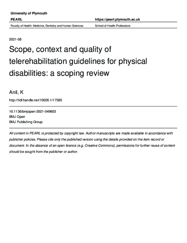 (PDF) Scope, context and quality of telerehabilitation guidelines for ...