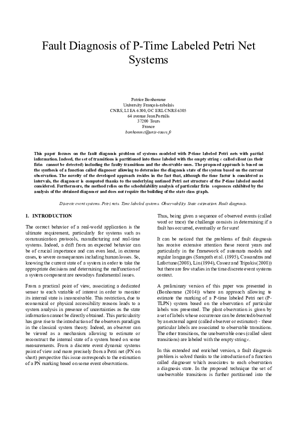 (PDF) Fault Diagnosis of P-Time Labeled Petri net Systems