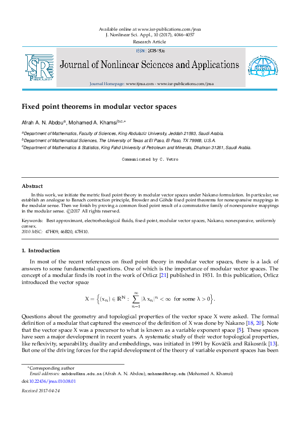 (PDF) Fixed point theorems in modular vector spaces