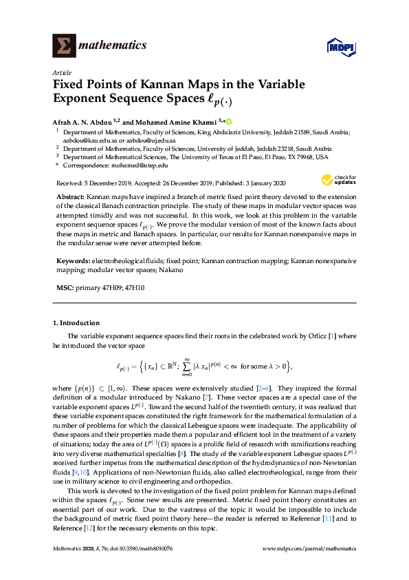Pdf Fixed Points Of Kannan Maps In The Variable Exponent Sequence Spaces ℓp · Afrah Abdou