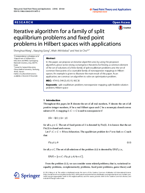 (PDF) Iterative algorithm for a family of split equilibrium problems and fixed point problems in ...