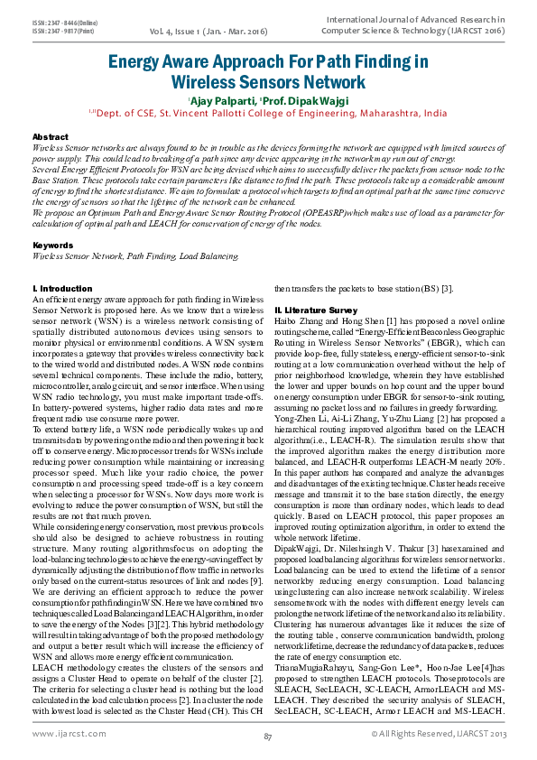 (PDF) Energy Aware Approach for Path Finding in Wireless Sensors Network