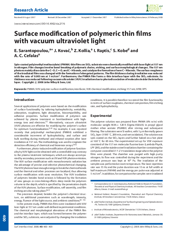(PDF) Surface modification of polymeric thin films with vacuum ...