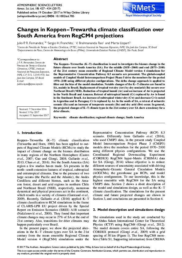 (PDF) Changes in Koppen-Trewartha climate classification over South ...