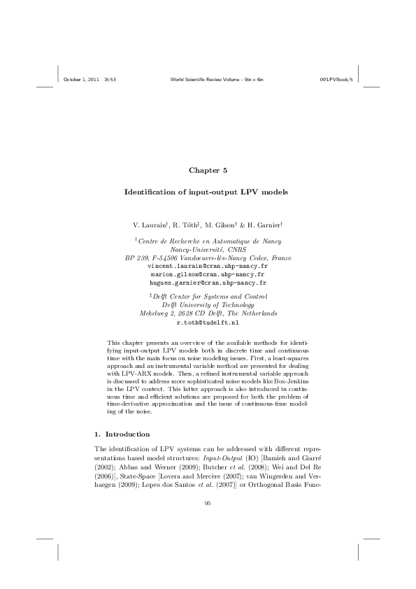 Pdf Chapter 5 Identification Of Input Output Lpv Models Hugues