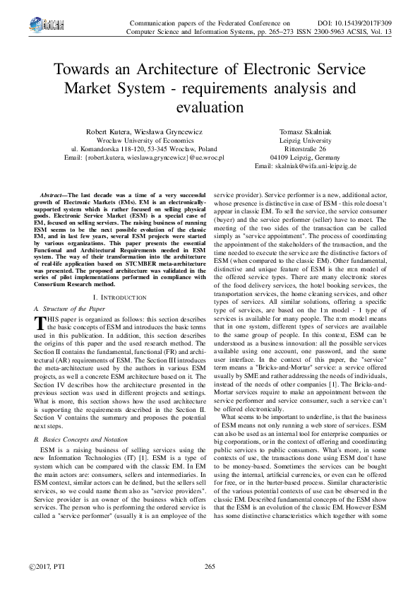 PDF Towards An Architecture Of Electronic Service Market System PDF Towards An Architecture Of Electronic Service Market System
