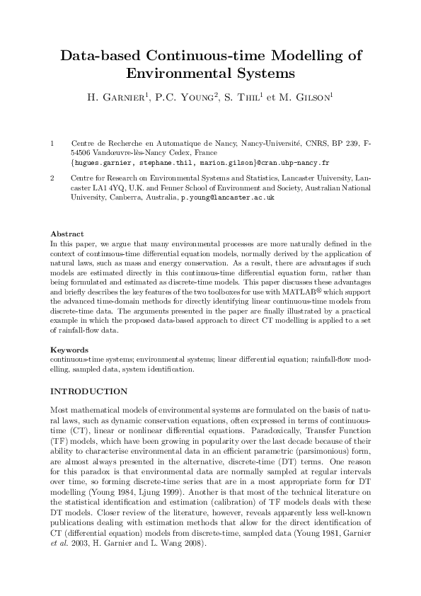 (PDF) Data-based continuous-time modelling of environmental systems