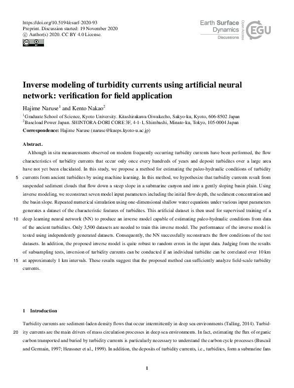 Pdf Inverse Modeling Of Turbidity Currents Using Artificial Neural Network Verification For