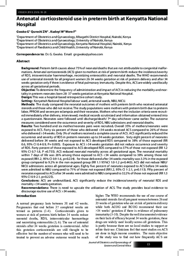 (PDF) Antenatal corticosteroid use in preterm birth at Kenyatta ...