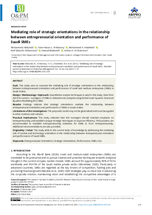 (PDF) Mediating role of strategic orientations in the relationship between entrepreneurial ...