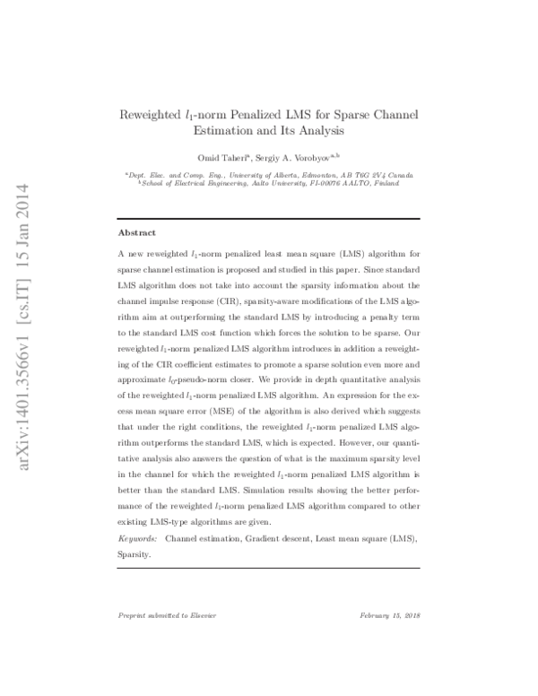 (PDF) Reweighted l1-norm penalized LMS for sparse channel estimation and its analysis