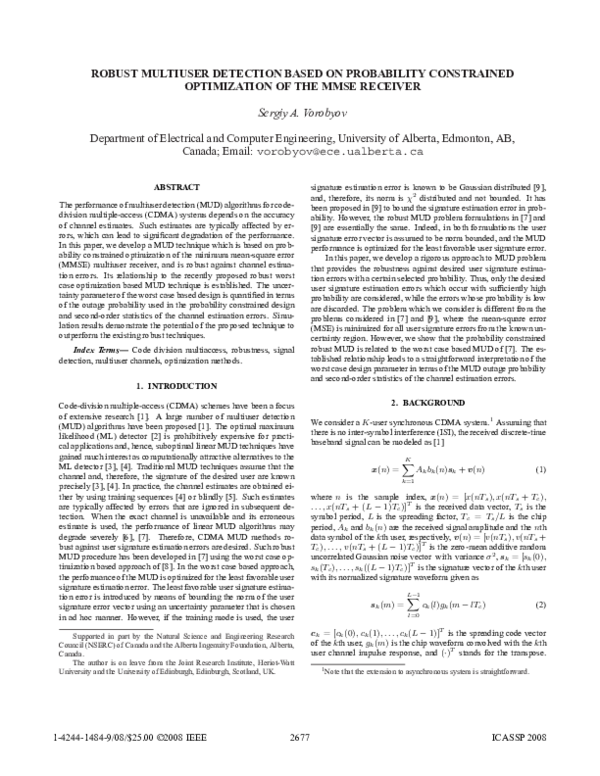 (PDF) Robust multiuser detection based on probability constrained optimization of the MMSE receiver