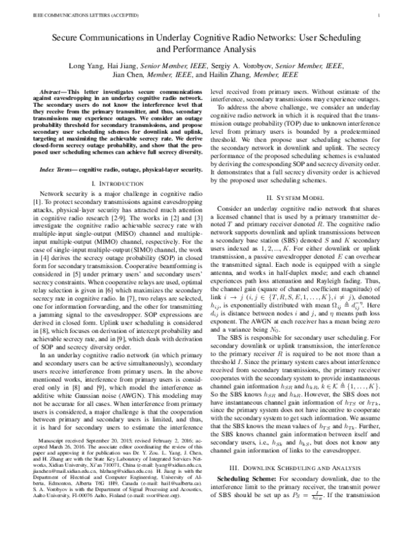 (PDF) Secure Communications in Cognitive Radio: User Scheduling and Analysis