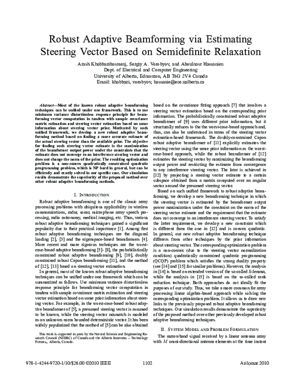 (PDF) Robust adaptive beamforming via estimating steering vector based on semidefinite relaxation