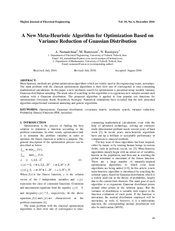 Pdf A New Metaheuristic Algorithm For Optimization Based On Variance Reduction Of Guassian