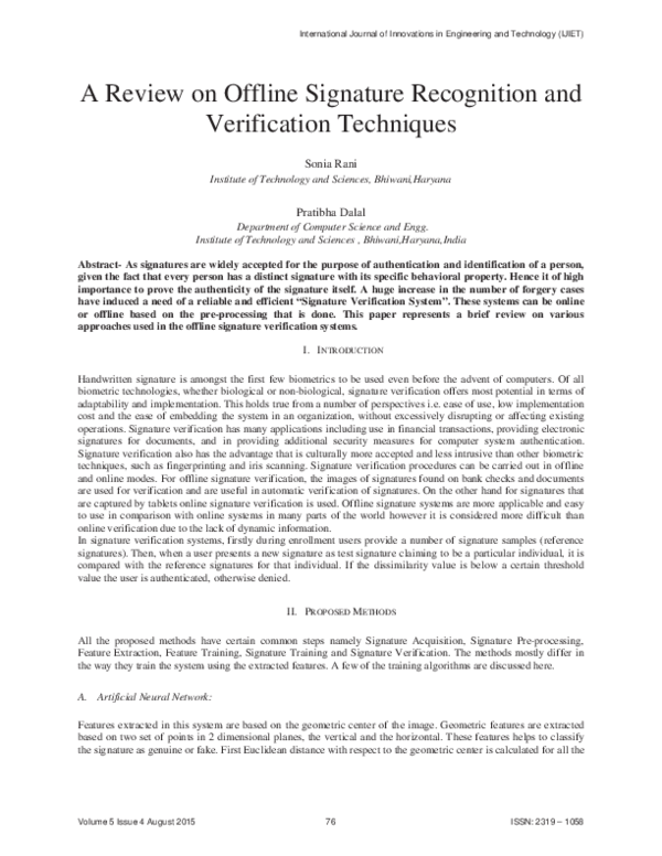 (PDF) A Review on Offline Signature Recognition and Verification Techniques