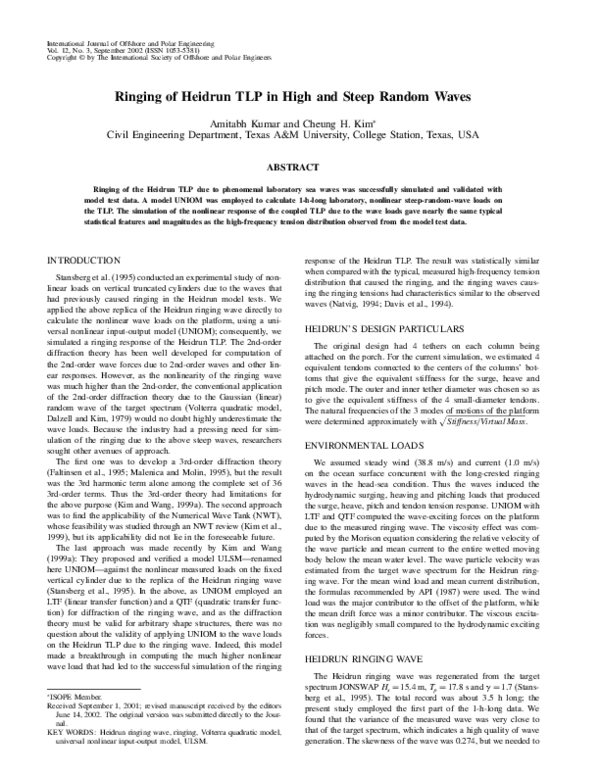 (PDF) Ringing of Heidrun TLP in High and Steep Random Waves