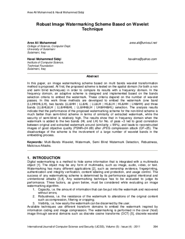 (PDF) Robust Image Watermarking Scheme Based on Wavelet Technique