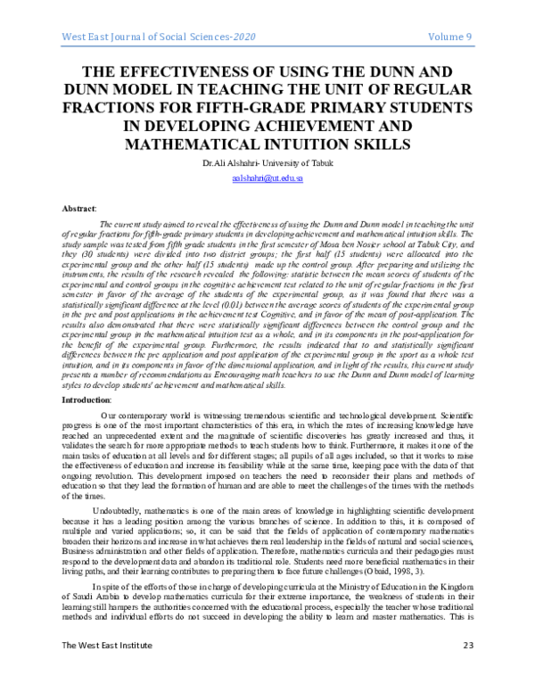 (PDF) The Effectiveness Of Using The Dunn And Dunn Model In Teaching ...