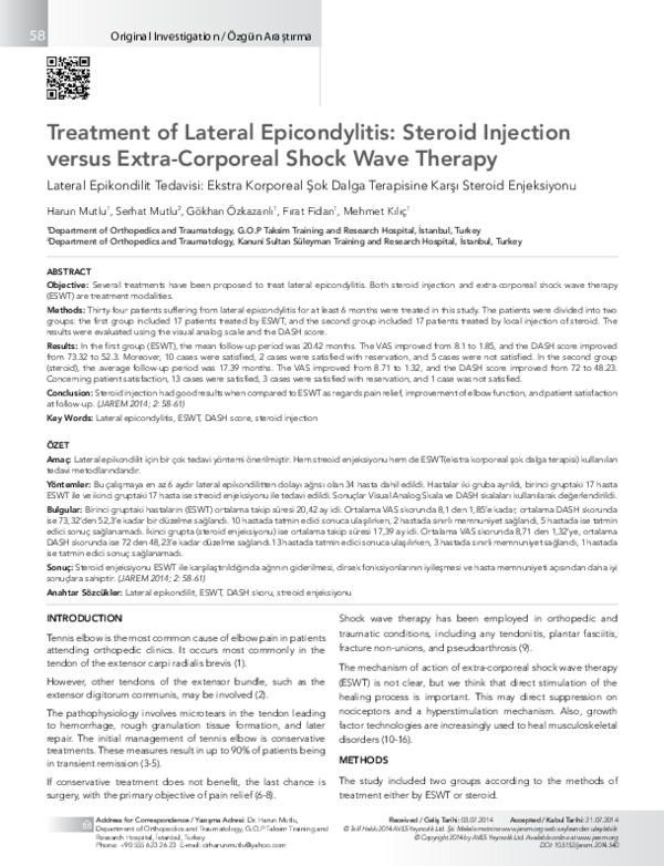 (PDF) Treatment of Lateral Epicondylitis: Steroid Injection versus ...