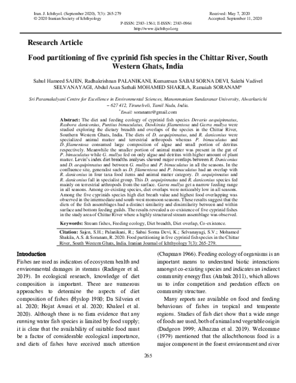(PDF) Food partitioning of five cyprinid fish species in the Chittar ...