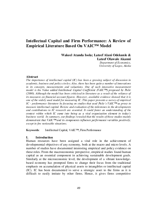 (PDF) Intellectual Capital and Firm Performance : A Review of Empirical Literature Based On VAIC ...