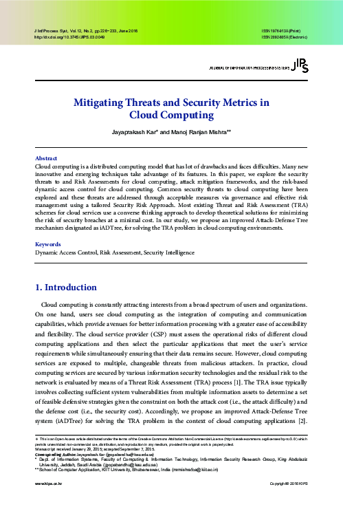 (PDF) Mitigating Threats and Security Metrics in Cloud Computing