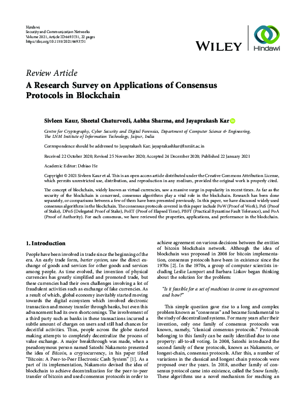 (PDF) A Research Survey on Applications of Consensus Protocols in Blockchain